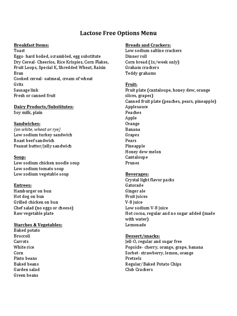Lactose-Free Menu Options Guide | PDF