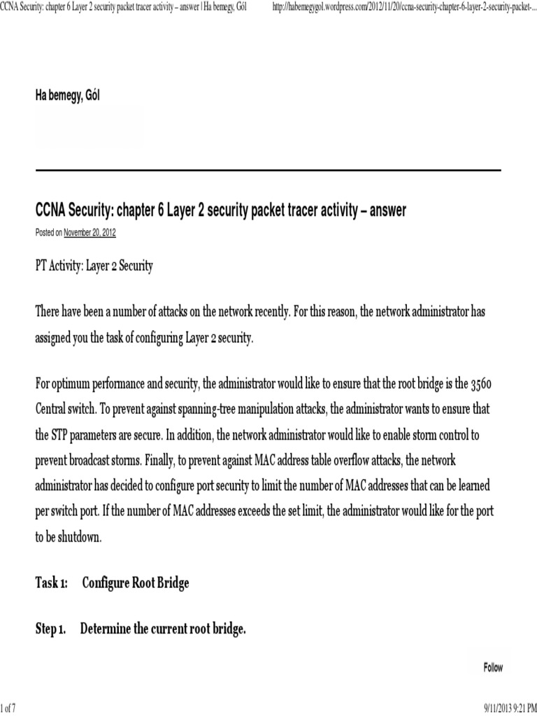 CCNA Security - Chapter 6 Layer 2 Security Packet Tracer Activity - Answer | PDF | Network ...