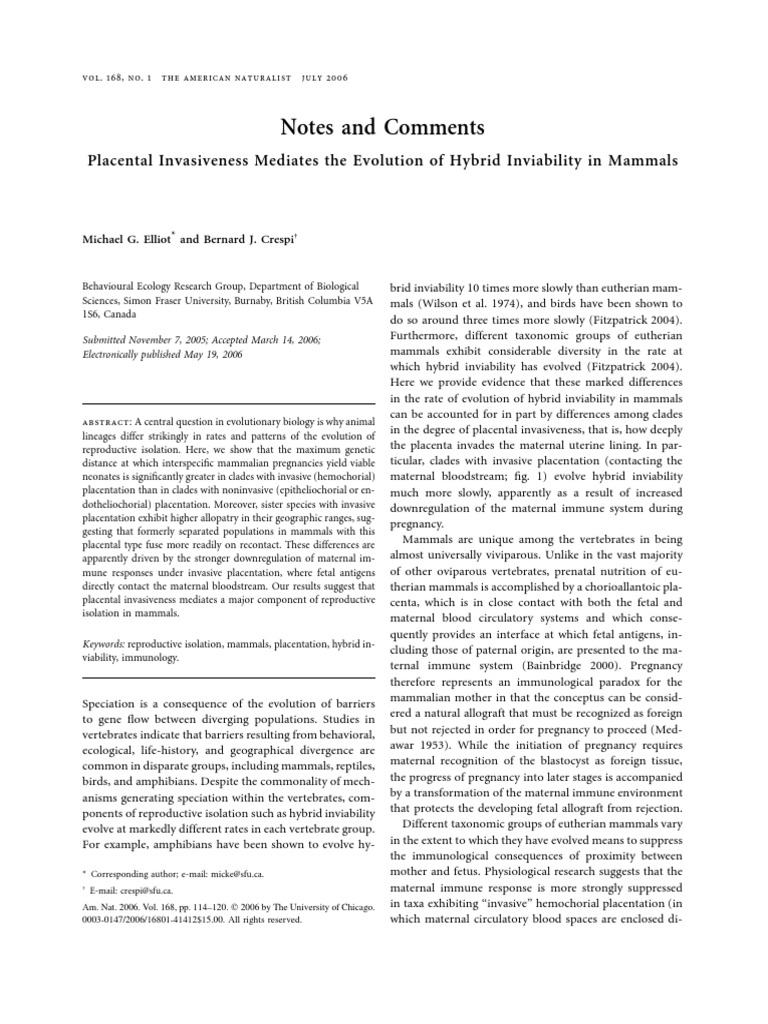 Placental Invasiveness and Hybrid Inviability | PDF | Mammals | Evolution