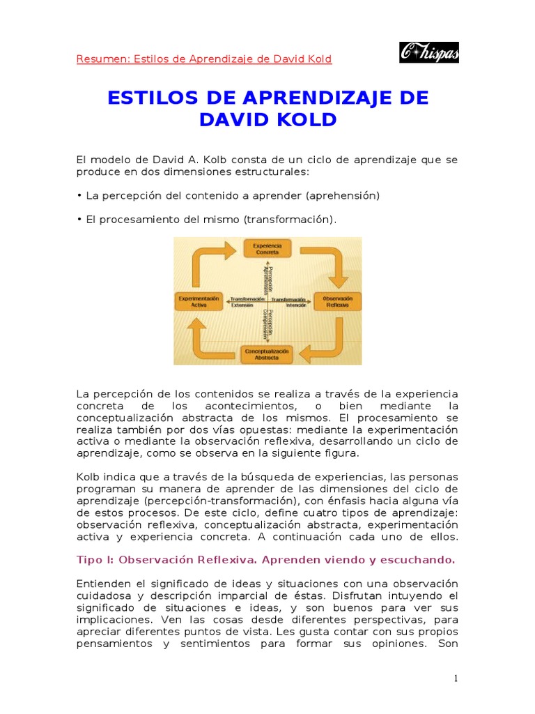 Los Estilos de Aprendizaje según el Modelo de David Kolb | PDF | Toma de decisiones | Aprendizaje