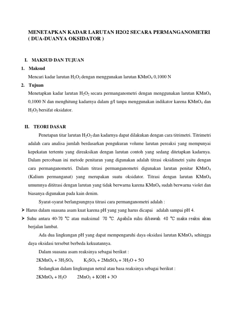 Menetapkan Kadar Larutan H2o2 Secara Permanganometri | PDF