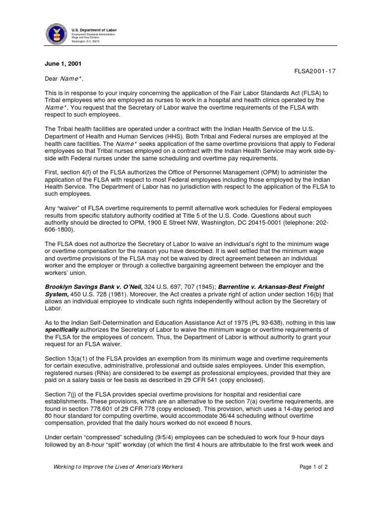 Department of Labor: 2001 06 01 17 FLSA | PDF | Overtime | Employment