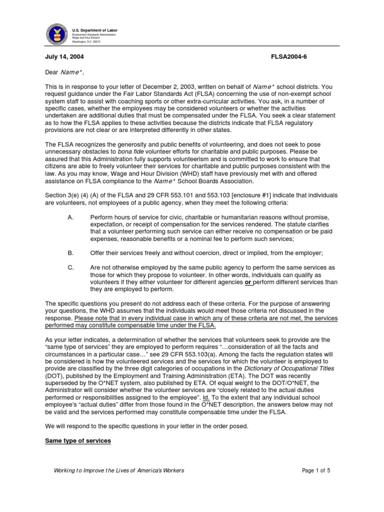 Department of Labor: 2004 07 14 6 FLSA Coaching | PDF | Employment | Labor