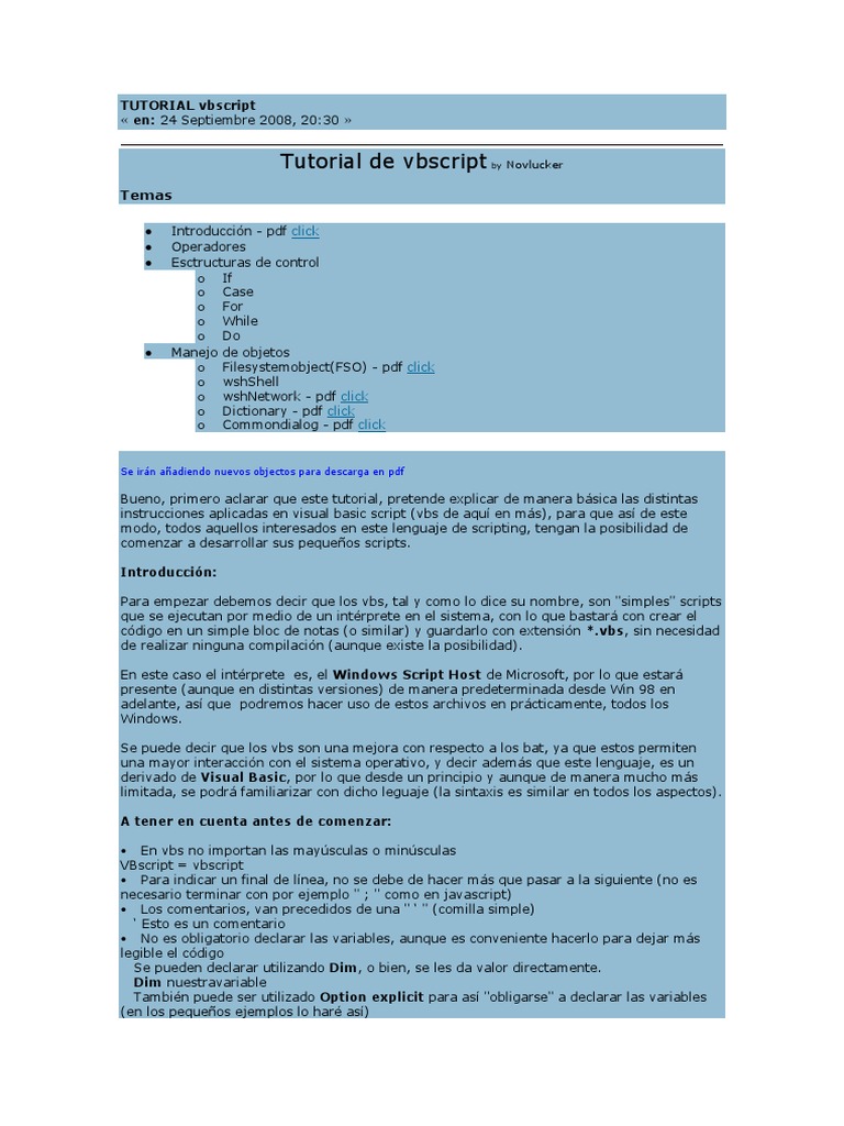 TUTORIAL Vbscript | PDF | Estructura de datos de matriz | Archivo de computadora