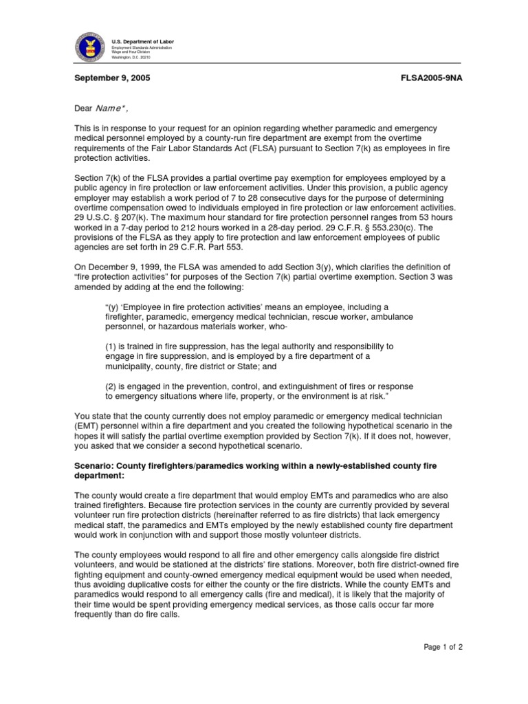 Department of Labor: 2005 09 09 9NA FLSA | PDF | Overtime | Emergency ...