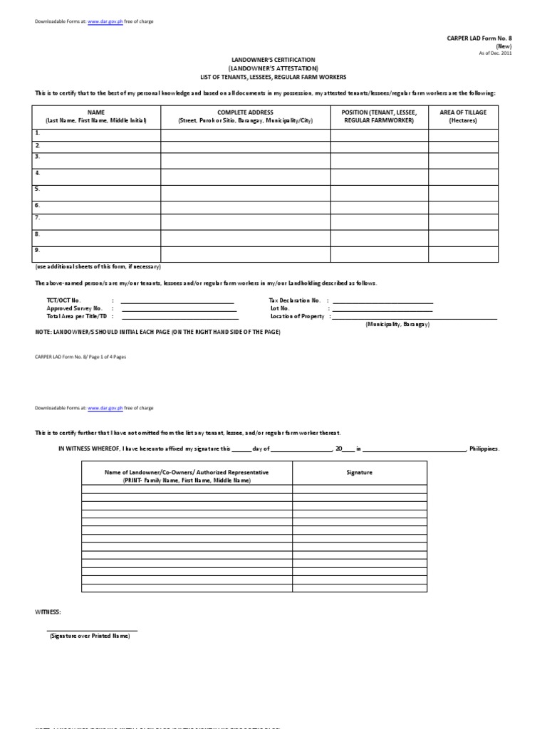 CARPER LAD Form No. 8 Certification on Duly Attested List of Tenants ...