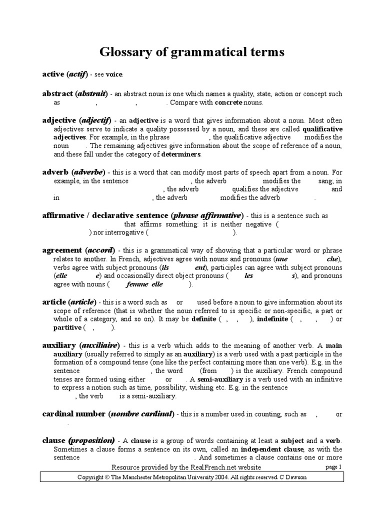 FRENCH GRAMMAR Glossary | PDF | Verb | Adjective