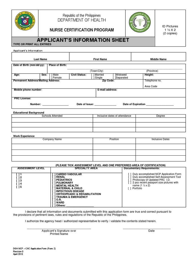 DOH NCP Application Form | PDF | Identity Document | Government