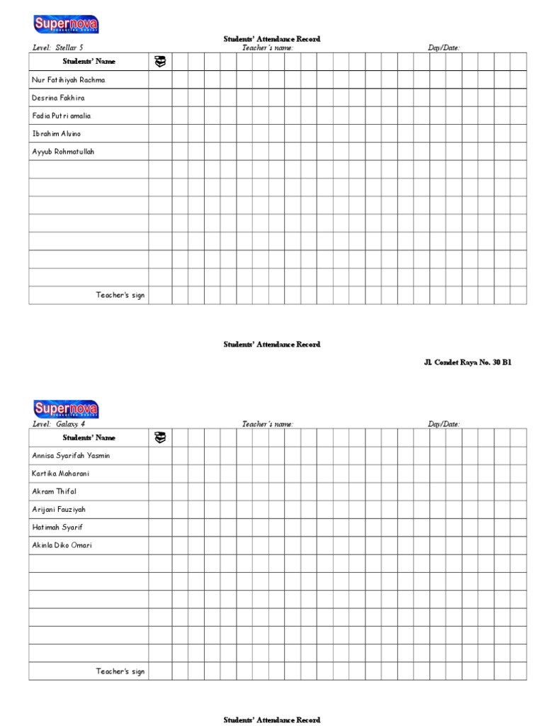 Students' Attendance Record Students' Name: Level: Stellar 5 Teacher's ...