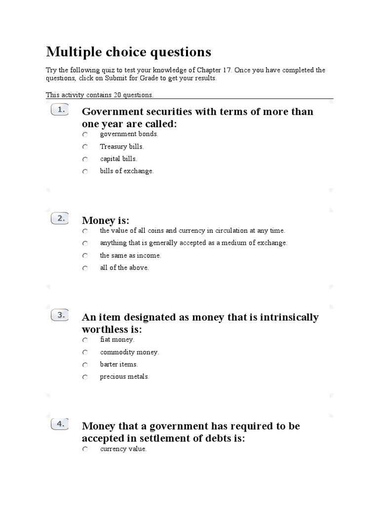 Multiple Choice Questions | Demand For Money | Money