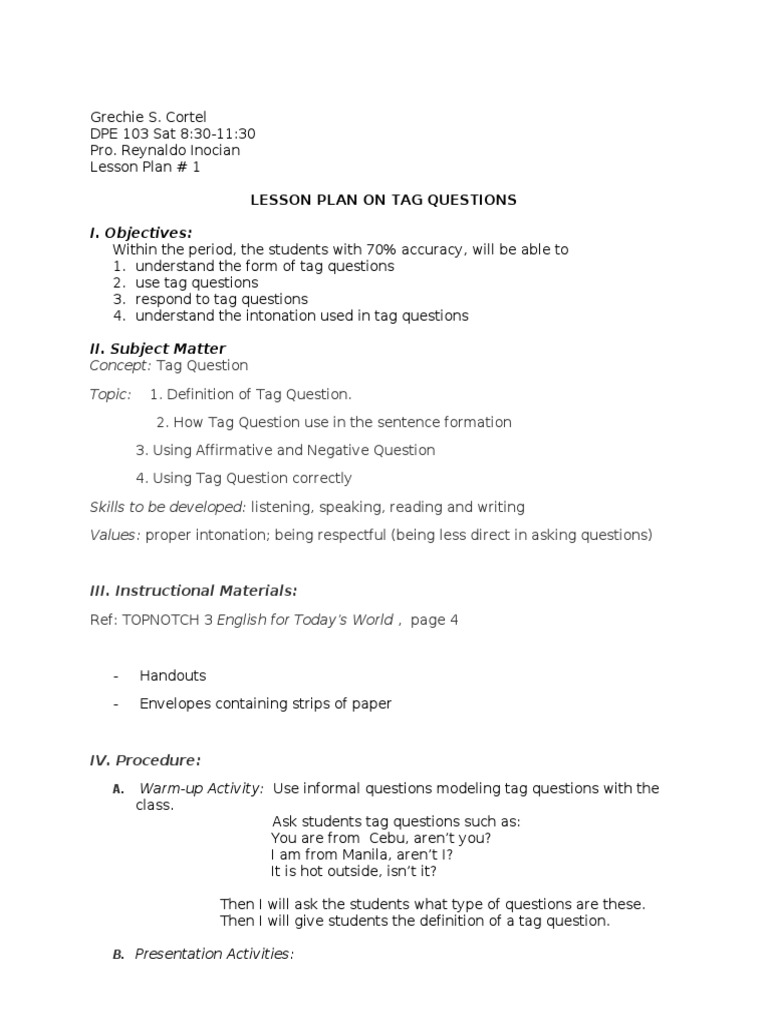 Lesson Plan on Tag Questions | PDF | Question | Subject (Grammar)