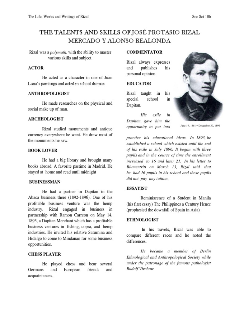 The Talents and Skills of José Protasio Rizal Mercado y Alonso Realonda ...