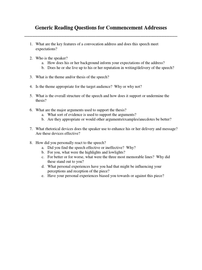 Commencement Address Analysis Questions | PDF | Career & Growth ...