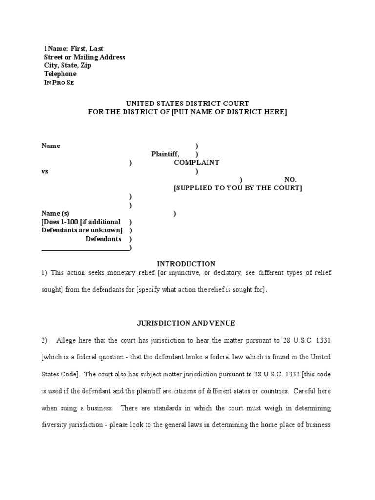 Template For Filing A Federal Lawsuit | PDF | Intentional Infliction Of ...