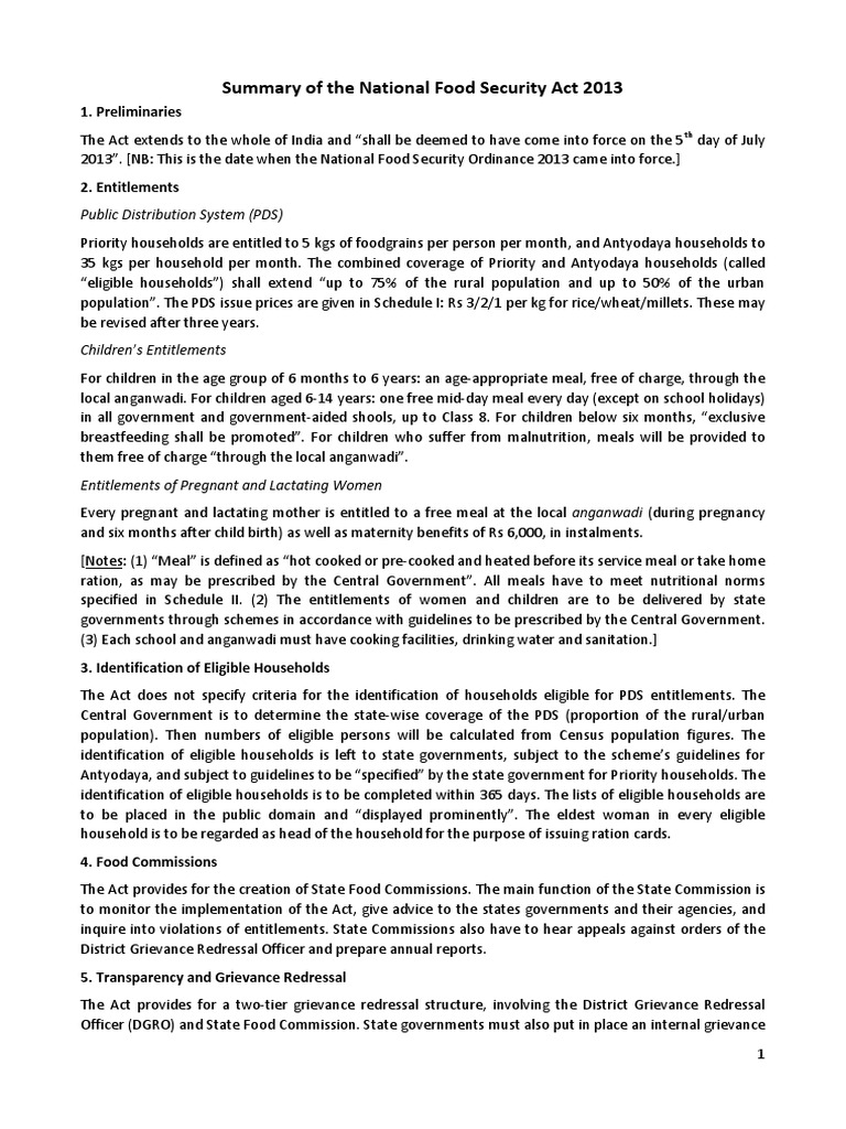 Summary of NFSA 2013 Provisions | PDF | Government | Public Sphere