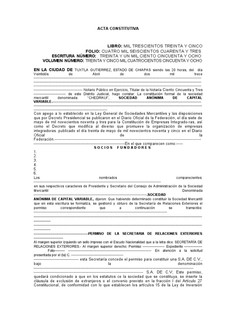 Acta Constitutiva Sociedad Anonima | PDF | Compartir (Finanzas) | Liquidación