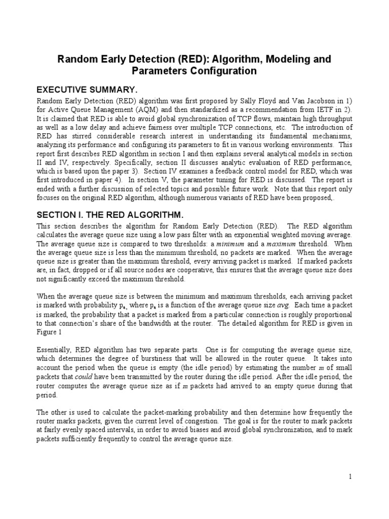 Random Early Detection (RED) : Algorithm, Modeling and Parameters Configuration | PDF | Network ...