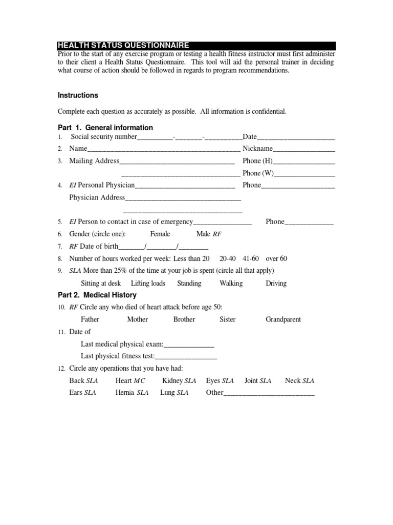 Health Status Questionnaire | PDF | Personal Trainer | Diabetes Mellitus