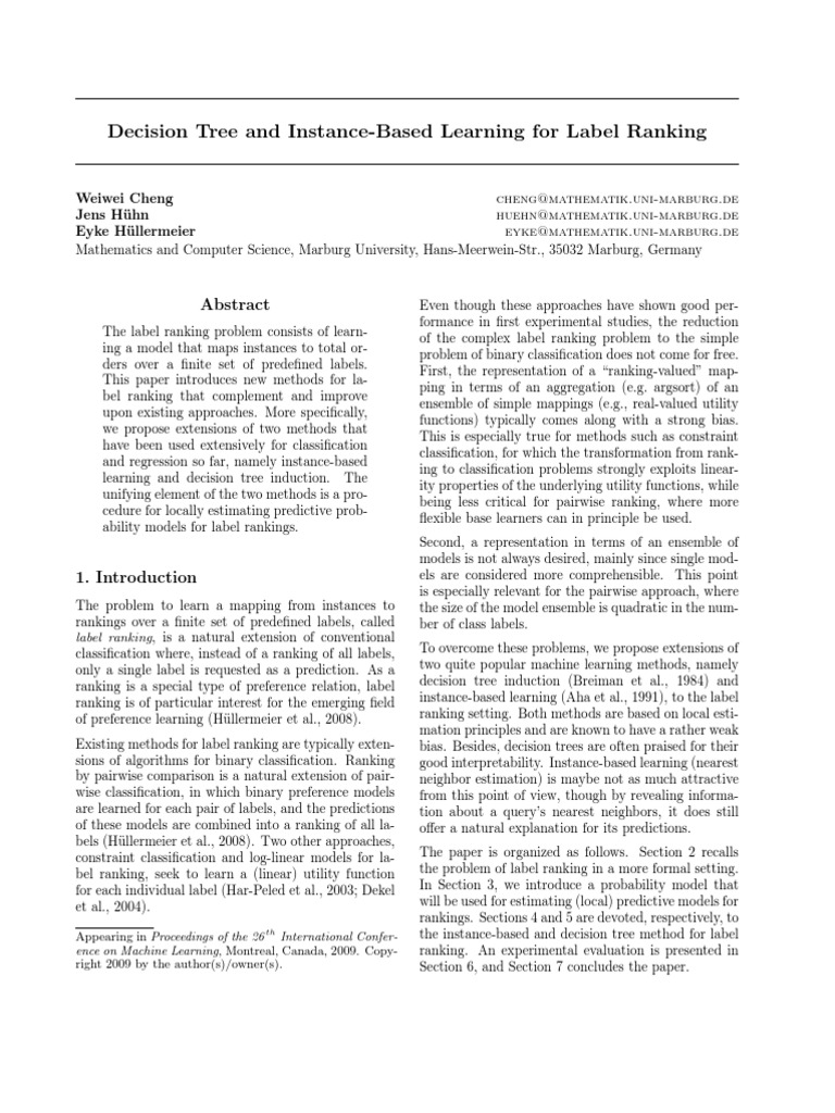 Cheng: Decision Tree and Instance-Based Learning For Label Ranking | PDF | Statistical ...