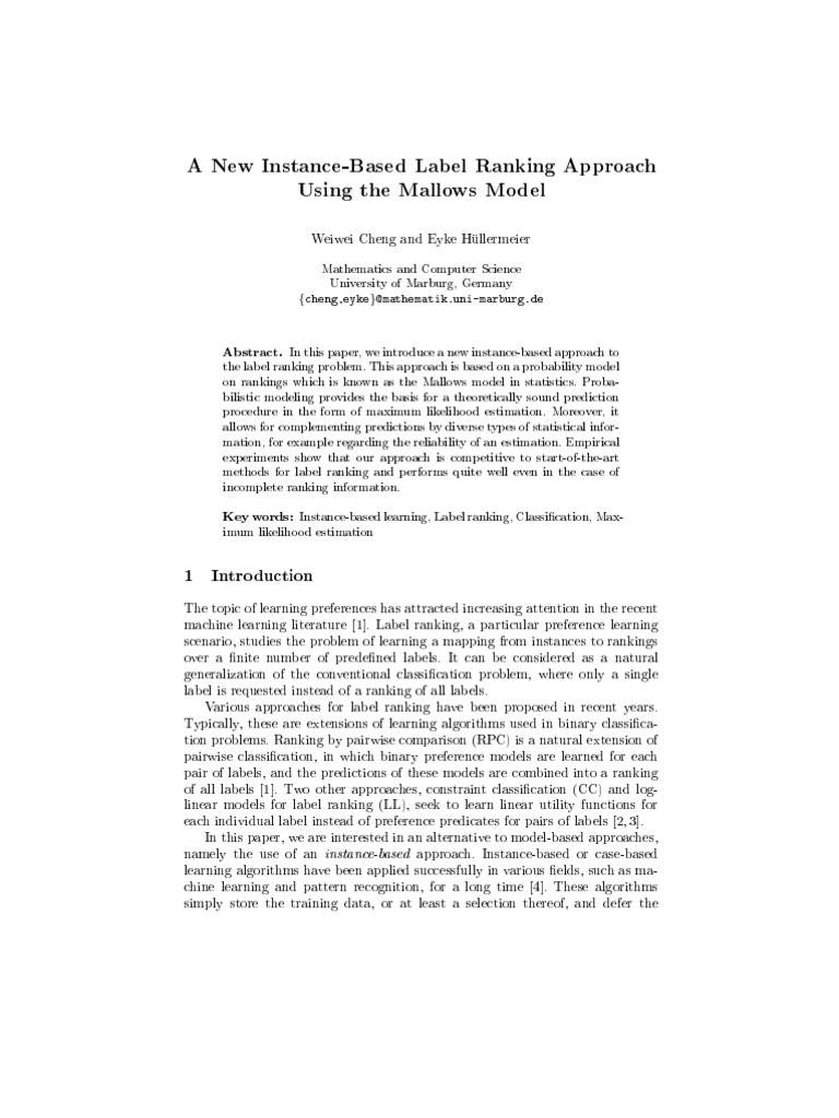 Cheng: A New Instance-Based Label Ranking Approach Using The Mallows Model | PDF | Machine ...