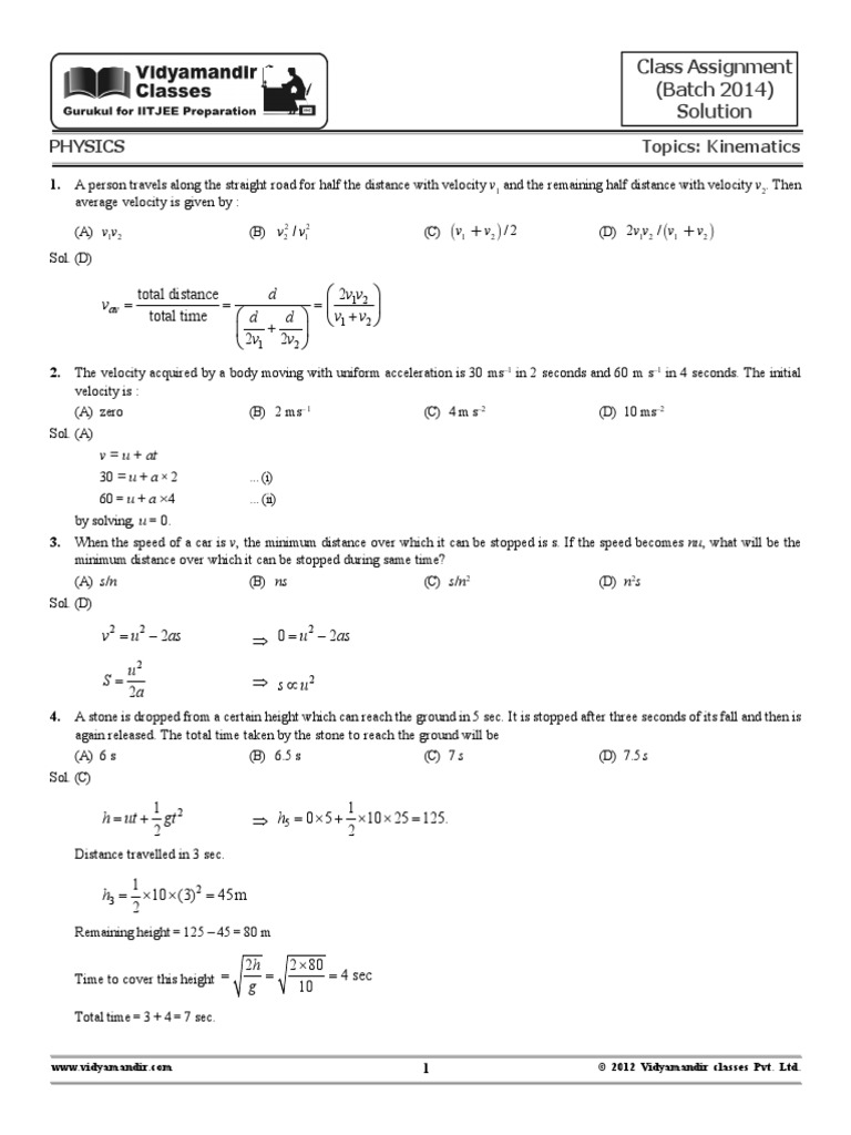 IIT JEE 2014 Physics Assignment Kinematics Solution | PDF | Acceleration | Velocity