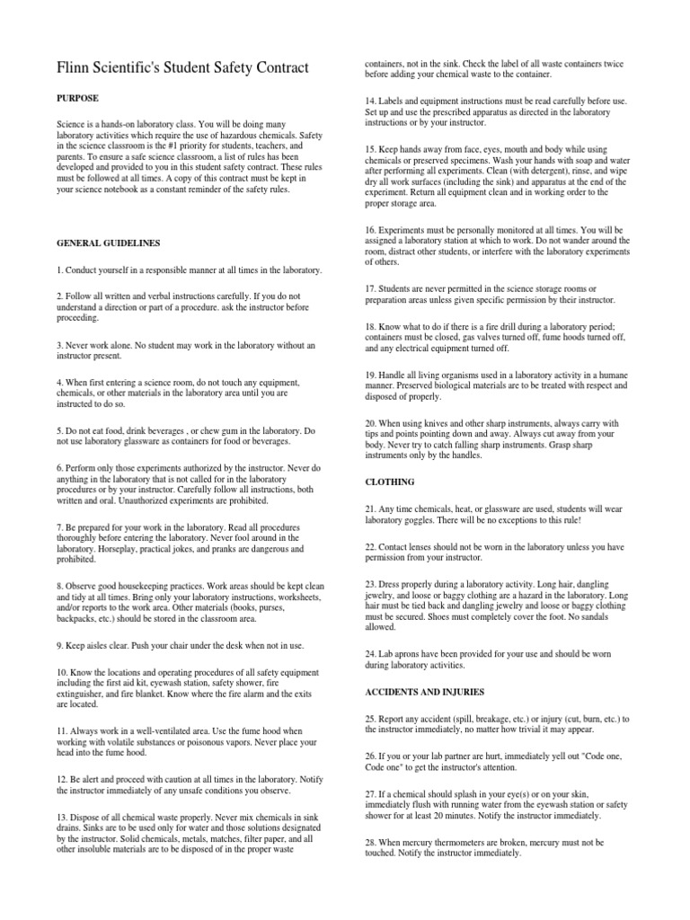Flinn Scientific LAB Safety Contract | PDF | Laboratories | Ac Power ...