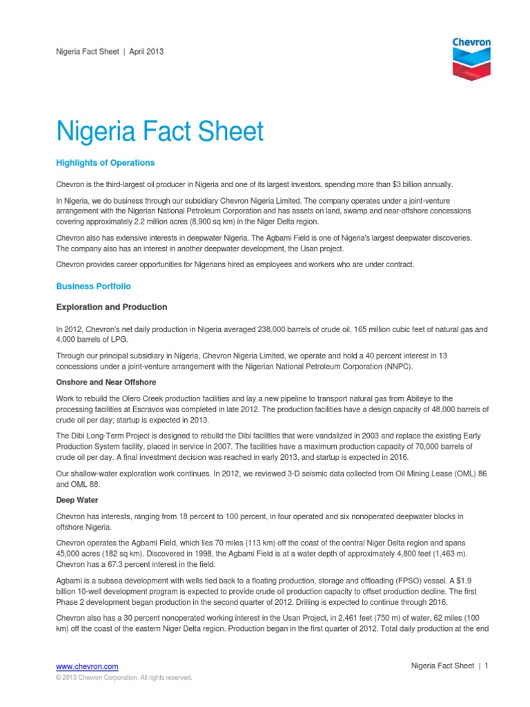 Nigeria Fact Sheet | Chevron Corporation | Nigeria
