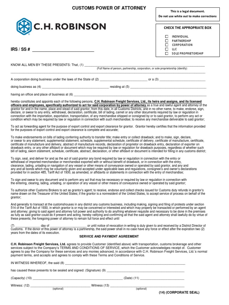 Customs Power of Attorney Document | PDF | Indemnity | Service Of Process