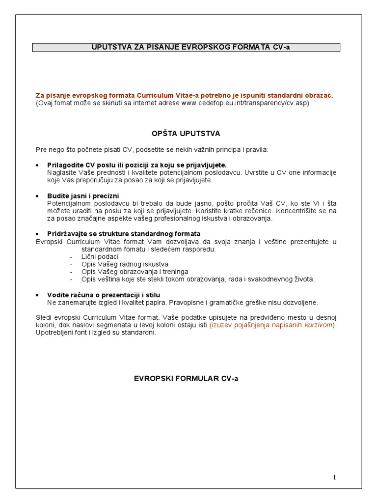 CV Formular Srpski PDF | PDF