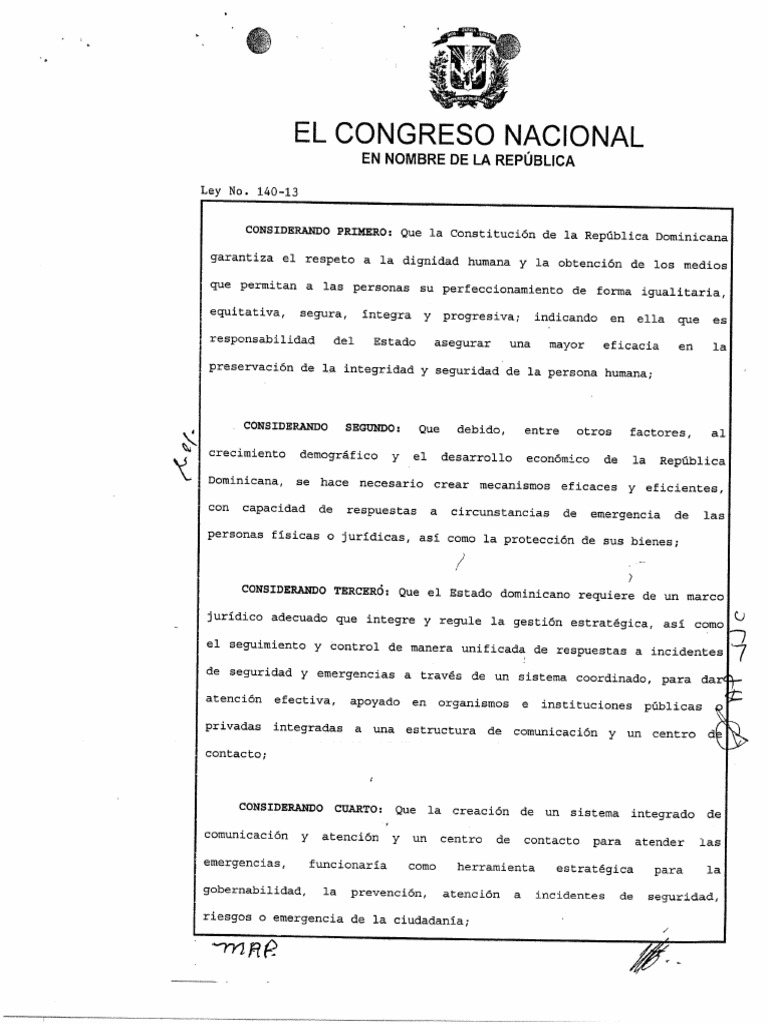 Ley 140-13 Que Establece El Sistema Nacional de Atención A Emergencias ...
