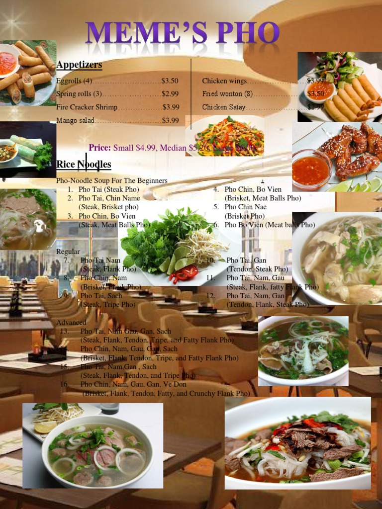 Pho Menu at Meme's Pho | PDF | Cooking, Food & Wine | Wellness