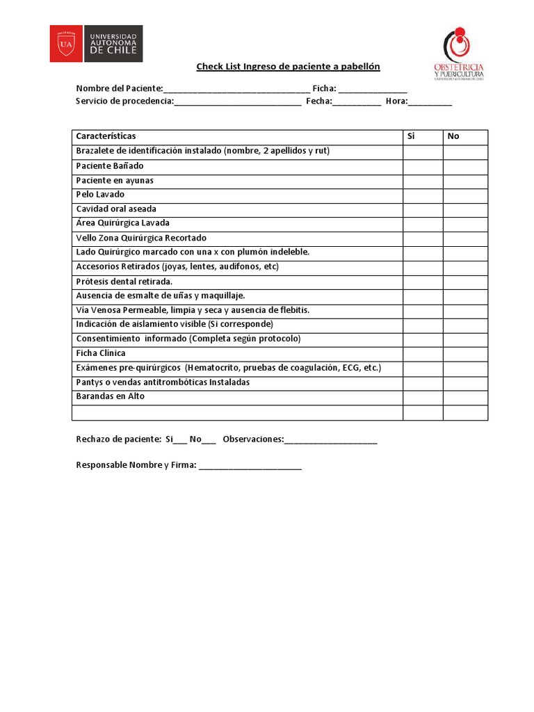 Check List Ingreso de paciente a pabellón