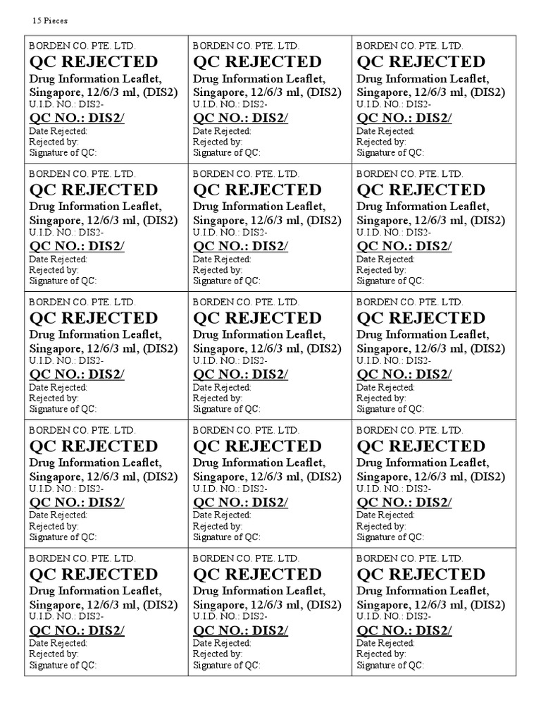 Rejected Label - Drug Information Leaflet, Singapore, 12 6 3 ML, (DIS2 ...