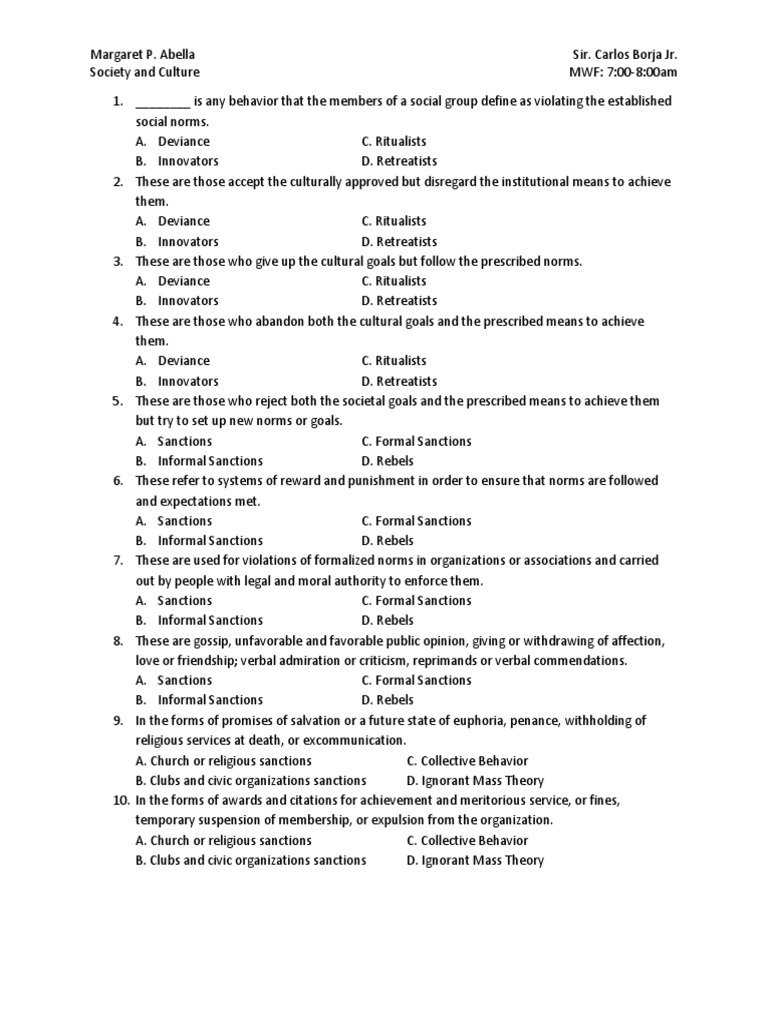 Society MCQ | PDF | Deviance (Sociology) | Norm (Social)