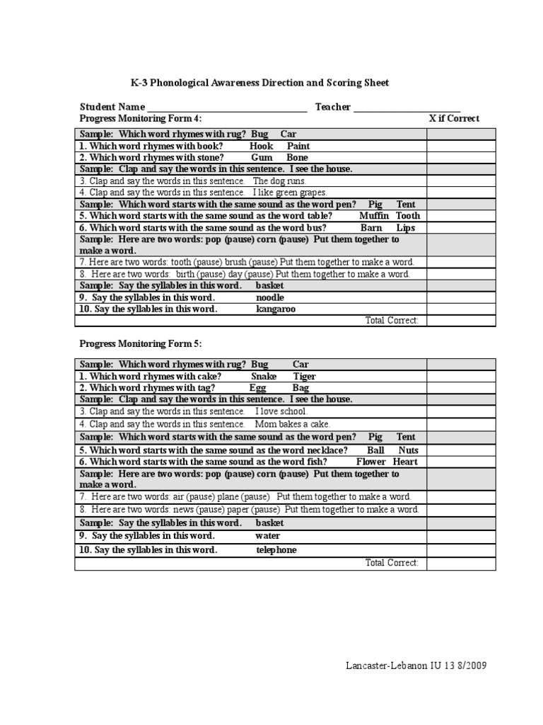 K-3 Phonological Progress Monitoring Student Sheet 456 2009-10 | PDF ...