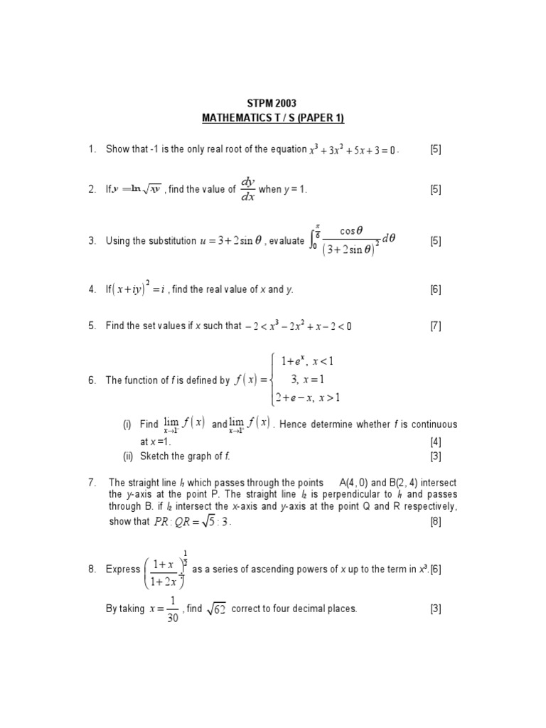 Cos 3 2sin: STPM 2003 Mathematics T / S (Paper 1) | Download Free PDF ...