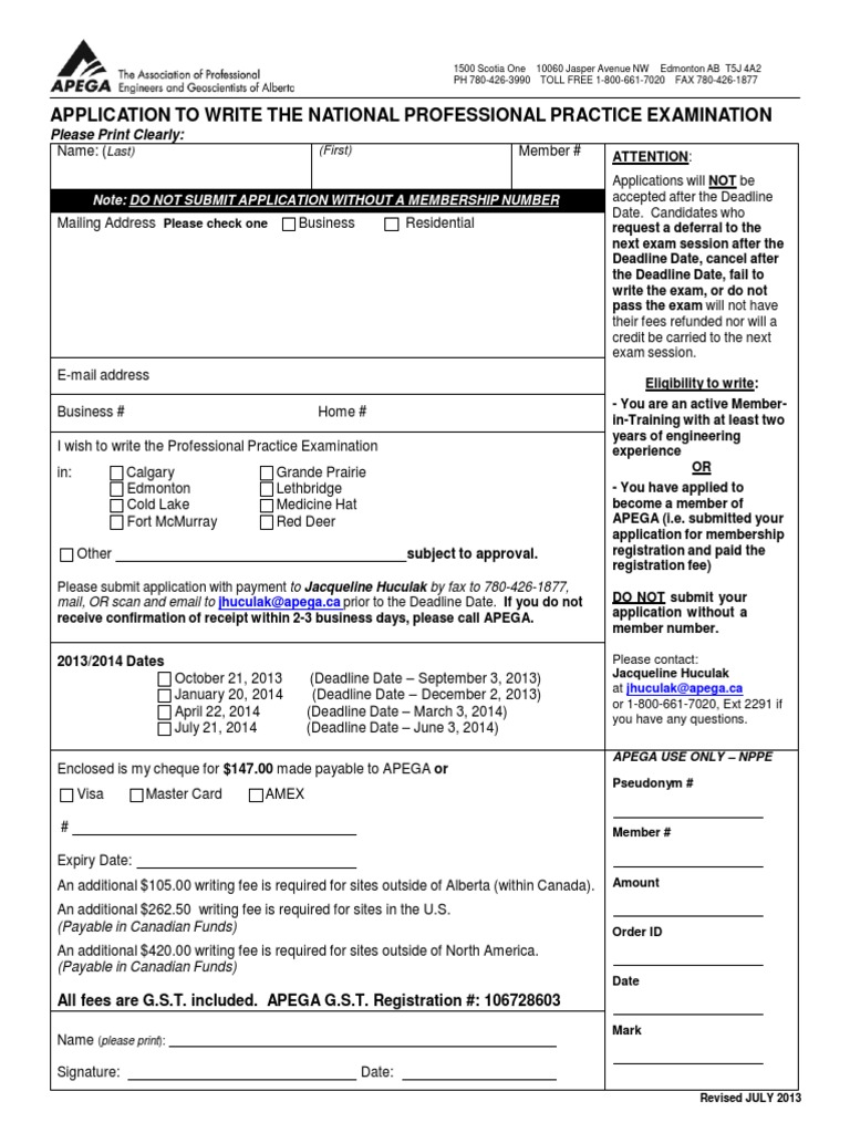 Application To Write The National Professional Practice Examination | PDF