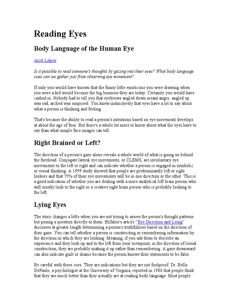 Reading Eyes: Body Language of The Human Eye | PDF | Flirting | Body ...