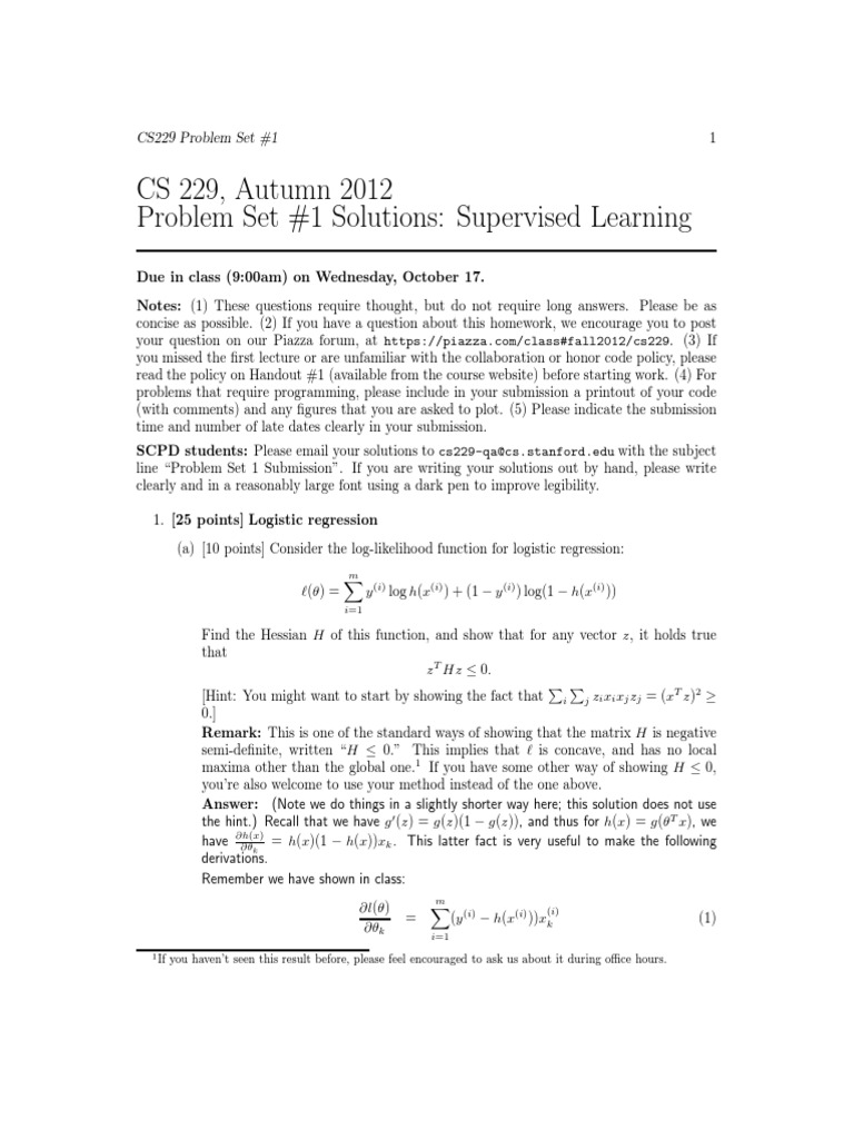 CS 229, Autumn 2012 Problem Set #1 Solutions: Supervised Learning | PDF | Poisson Distribution ...