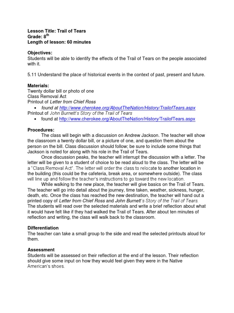 Trail of Tears Lesson Plan for 8th Grade | PDF