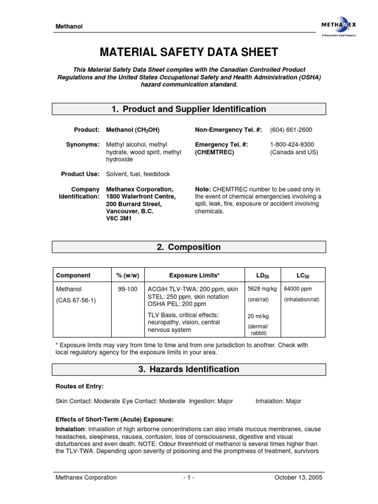 Methanol (Ch3oh) Msds | PDF | Methanol | Personal Protective Equipment