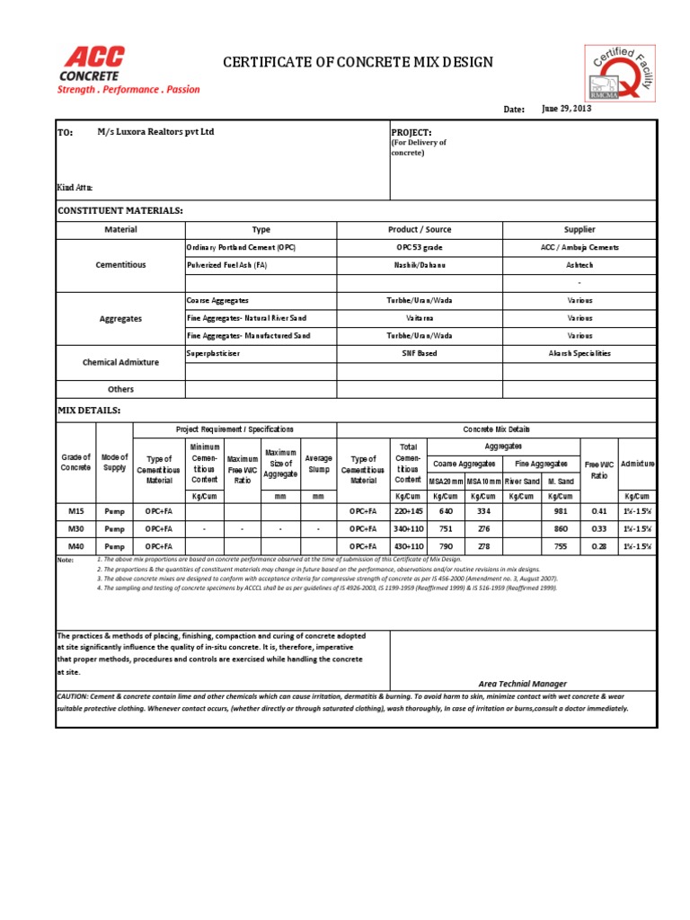 Certificate of Concrete Mix Design: Strength - Performance - Passion ...