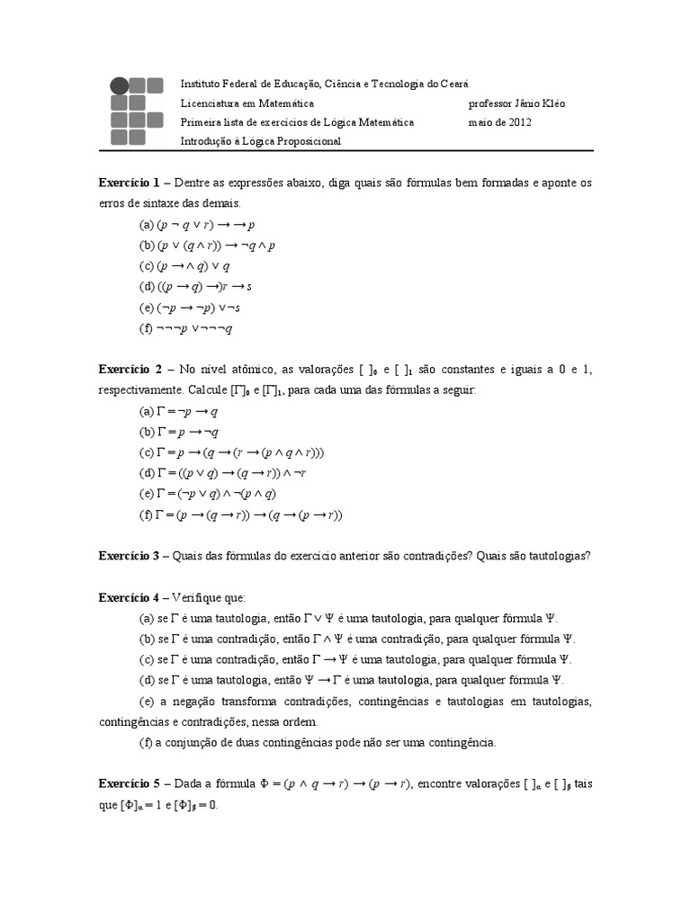 Lista de Exercícios de Lógica Matemática | PDF | Contradição | Lógica ...