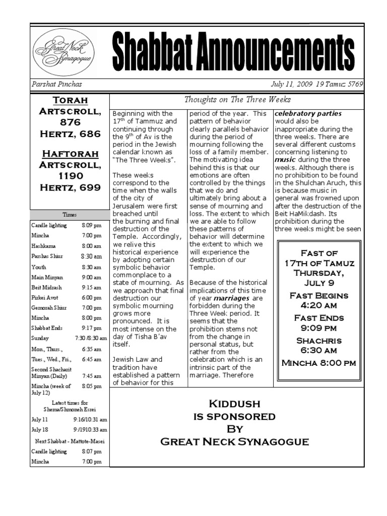 Shabbat Announcements, July 11, 2009 | PDF | Jewish Life Cycle ...