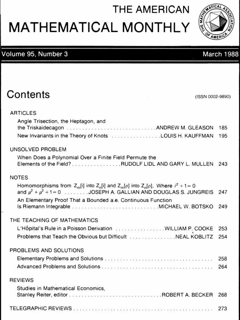 American Mathematical Monthly - 1988-03 PDF | PDF