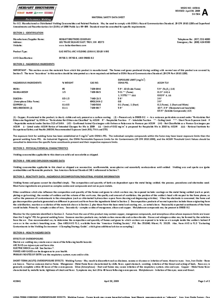 MSDS for Welding Consumables | PDF | Welding | Construction