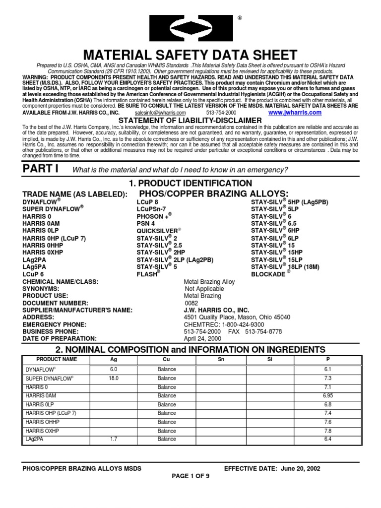 Material Safety Data Sheet: 1. Product Identification Phos/Copper ...