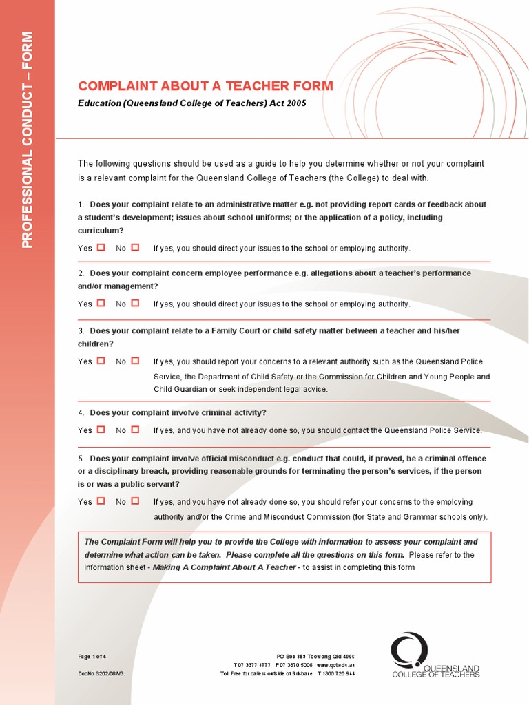 Complaint About A Teacher Form: Education (Queensland College of ...
