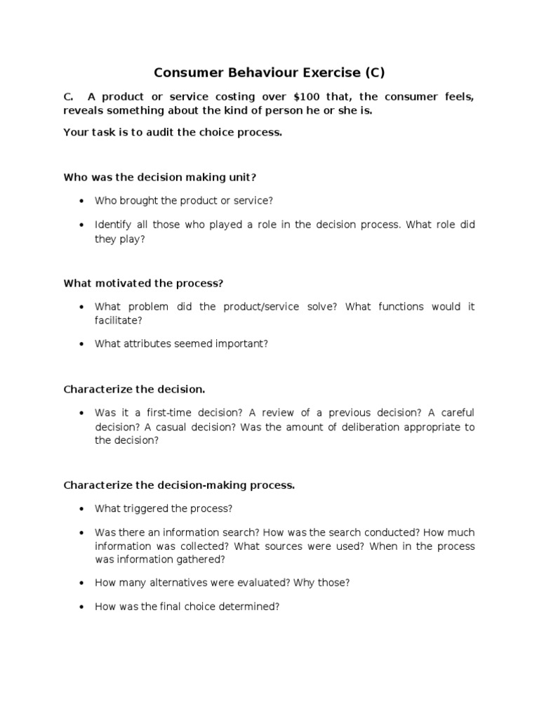 Consumer Behaviour Exercise Questionnaire | PDF | Career & Growth ...