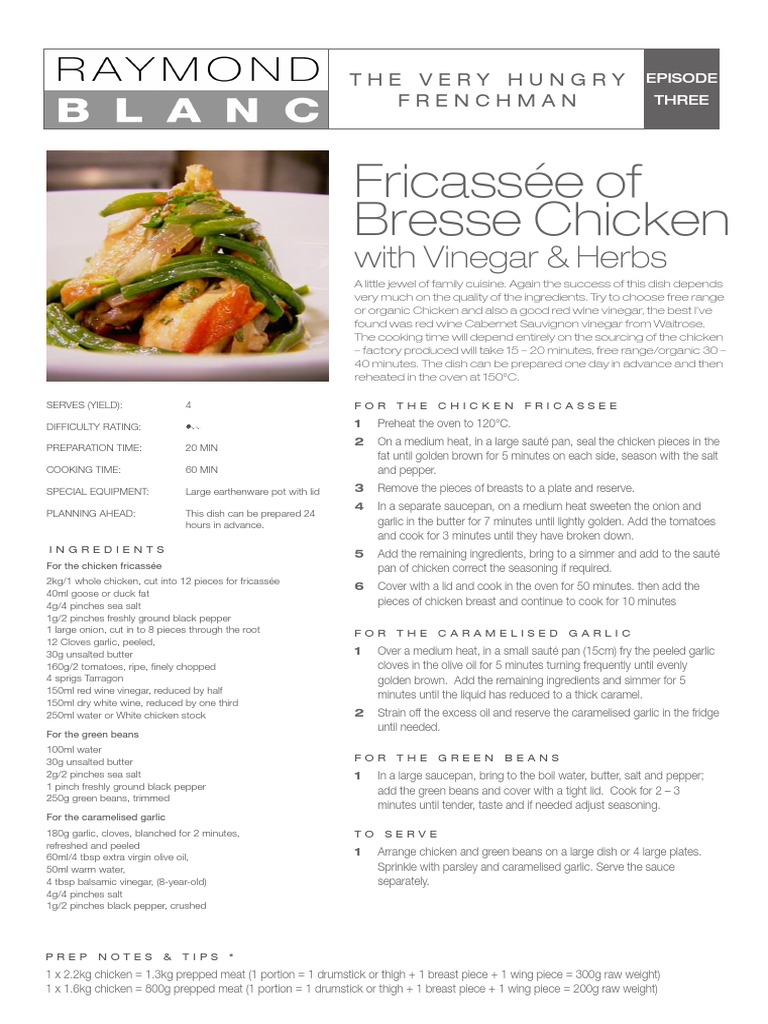 Chicken Fricassee-Raymond Blanc | PDF | Garlic | Cookware And Bakeware